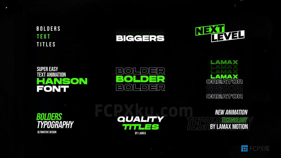 Green Titles FCPX插件12组4K分辨率文字标题动画_FCPX库
